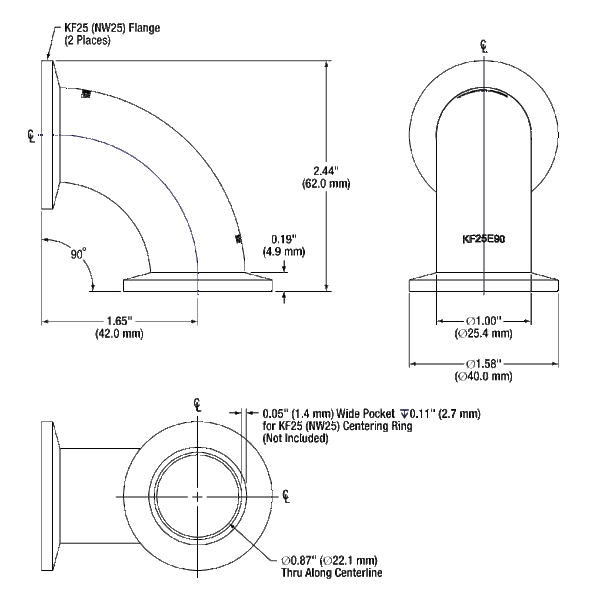 T-KF25E90 - 90° Elbow Fitting with KF25 Vacuum Flanges – Fosco Connect