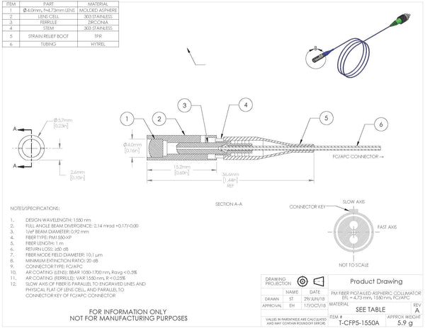 T-CFP5-1550A - PM Pigtailed Aspheric Collimator, EFL 4.73 mm, 1550 nm ...