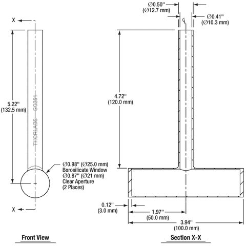 T-GC251 - Empty Glass Cell with Ø25 mm Fused Windows, 100 mm Long, One ...